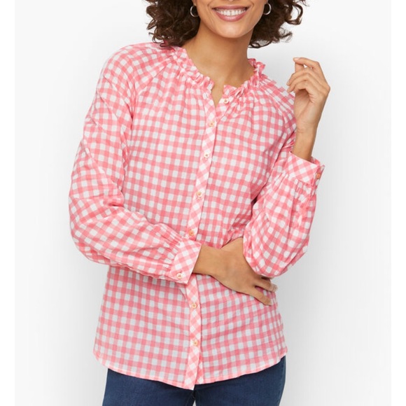 Talbots | Tops | Talbots Pink And White Gingham Ruffle Neck Button Down Blouse | Poshmark